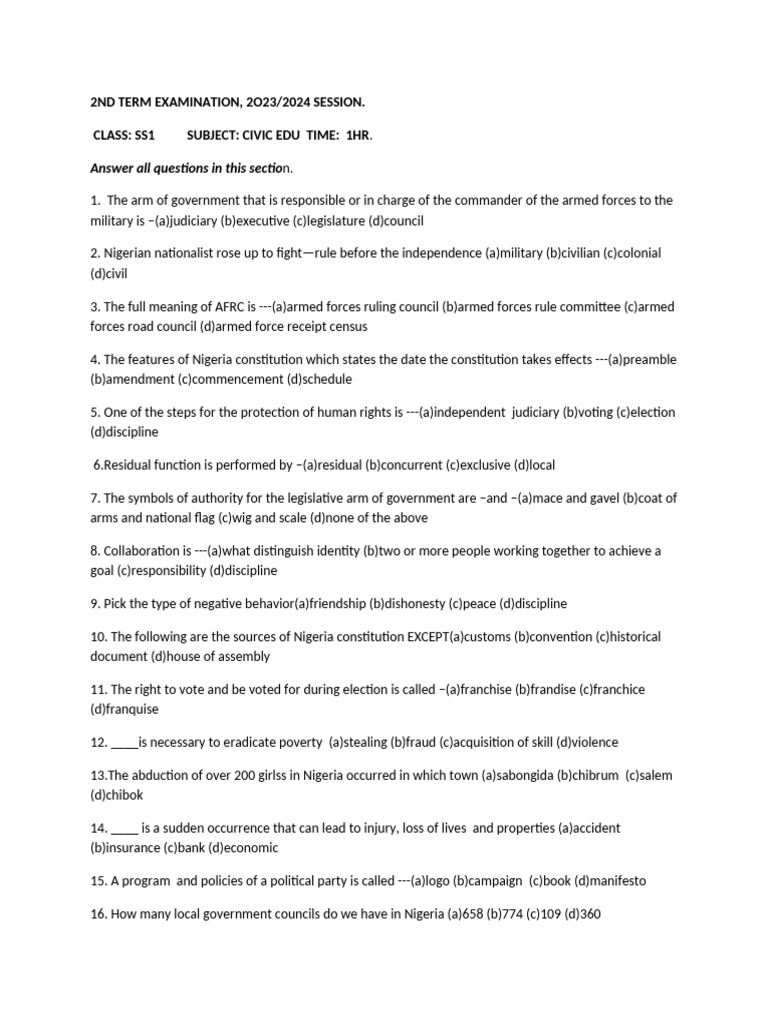 2nd Term Exam Civic Ss1 | PDF | Democracy | Political Ideologies