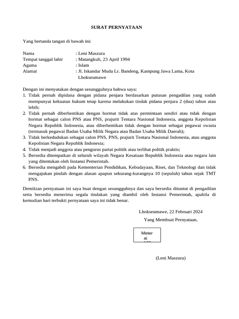 Surat Pernyataan 6 Poin - Blank | PDF