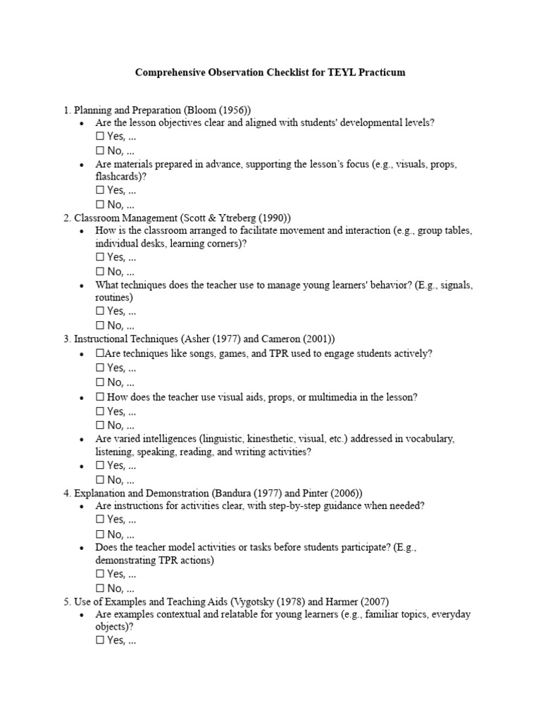 TEYL Observation Checklist | PDF | Cognition | Human Communication