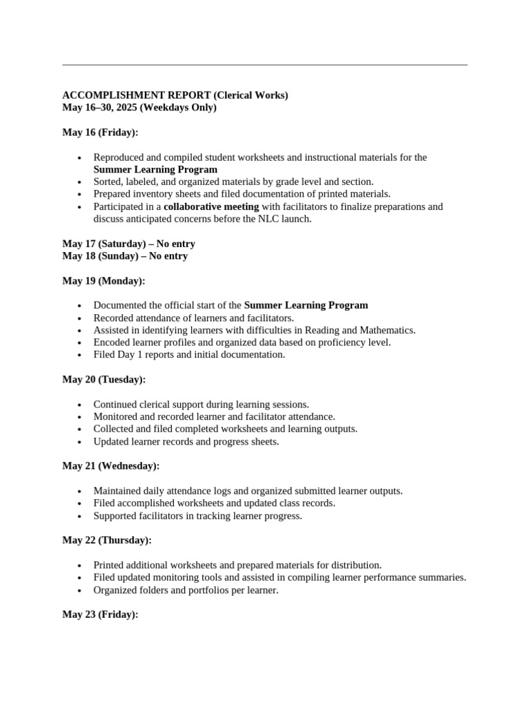 Accomplishment Report May 16-30 | PDF | Worksheet