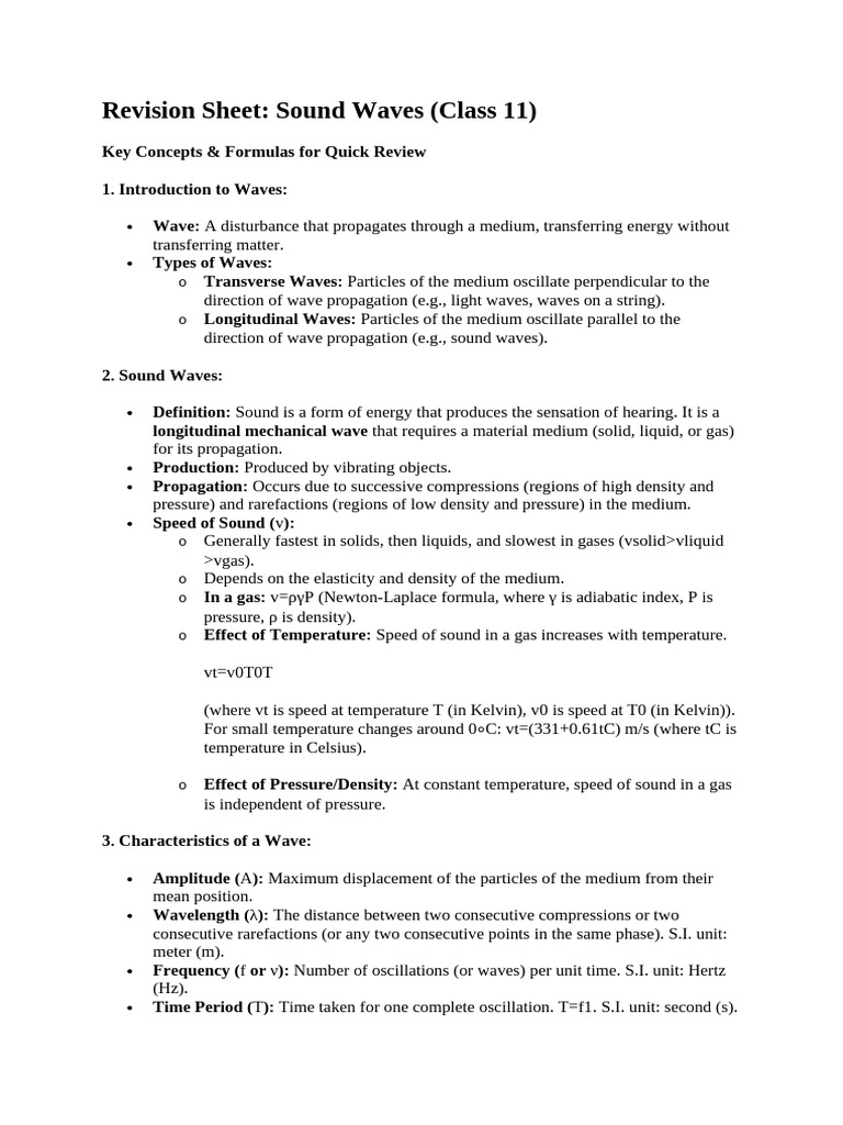 Revision Sheet Sound Wave | PDF | Waves | Sound