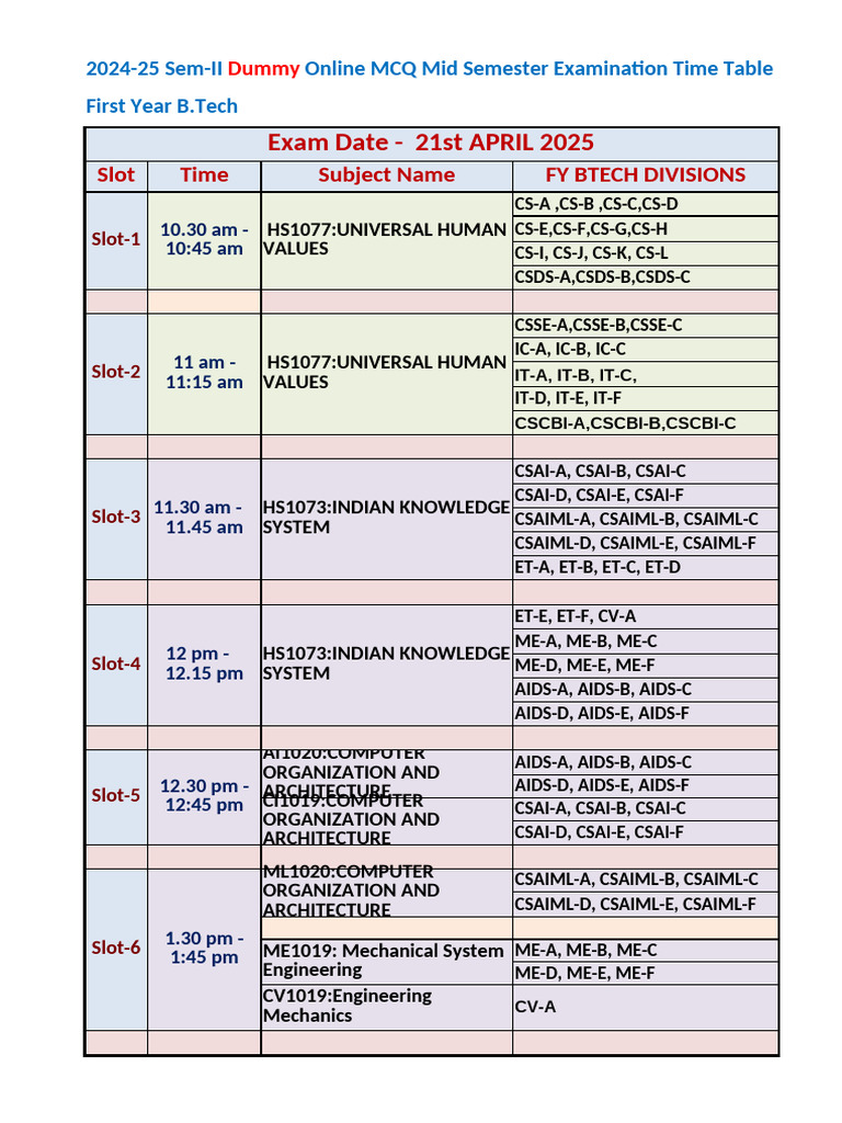 Dummy-FY BTech_Online MCQ MSE Schedule_24-25_Sem II | PDF