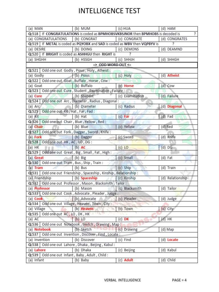 Verbal Intelligence Test 4 | PDF