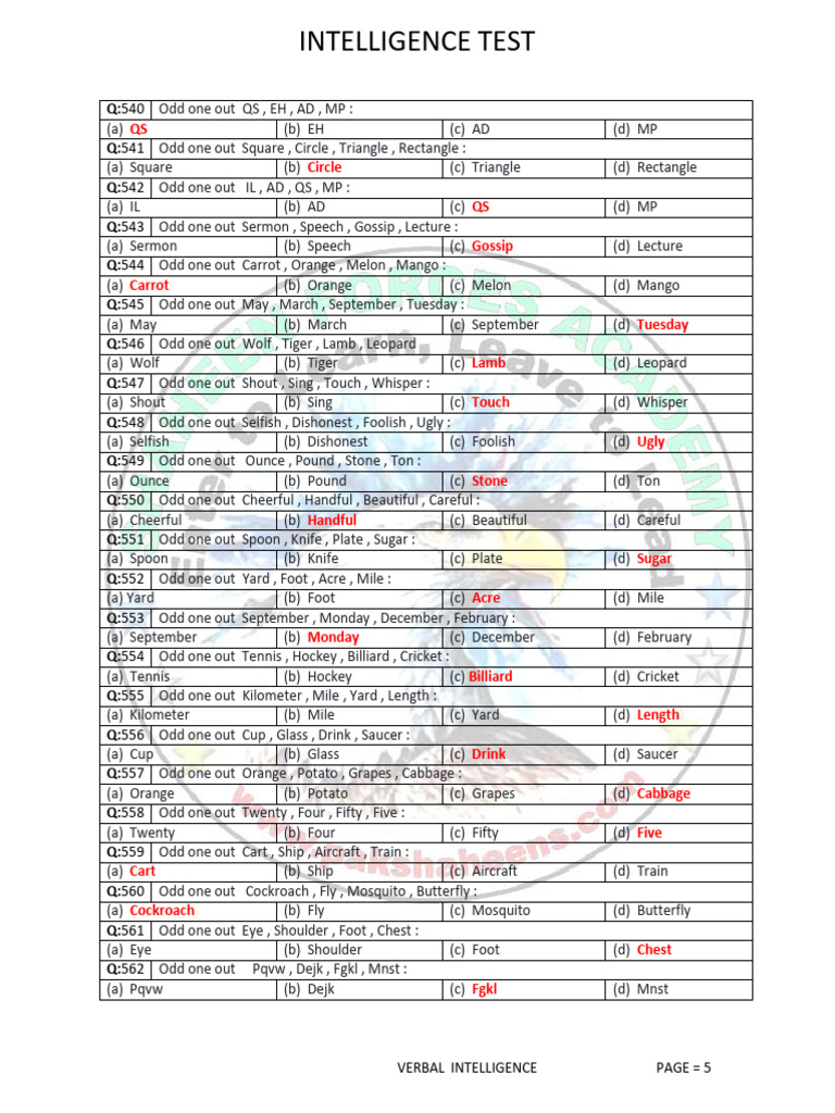 Verbal Intelligence Test 5 | PDF