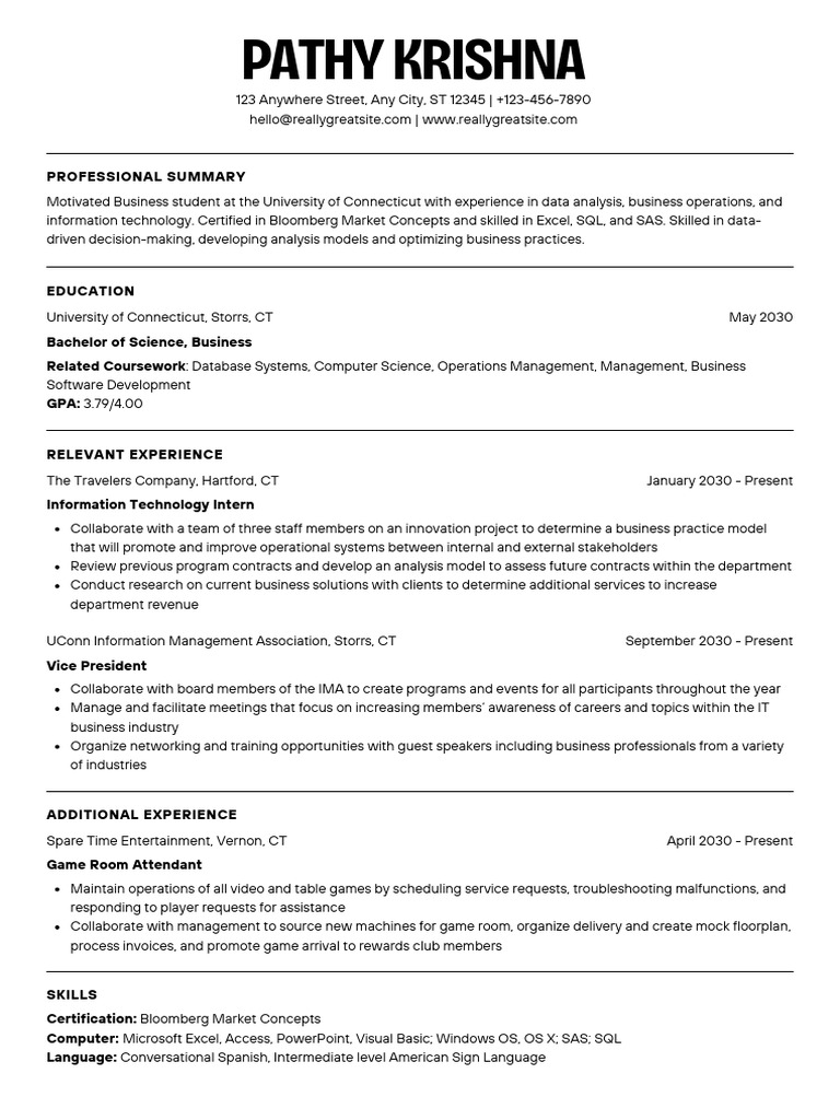 Professional Docs & Interview Prep Resume in Black White UConn Brand ...