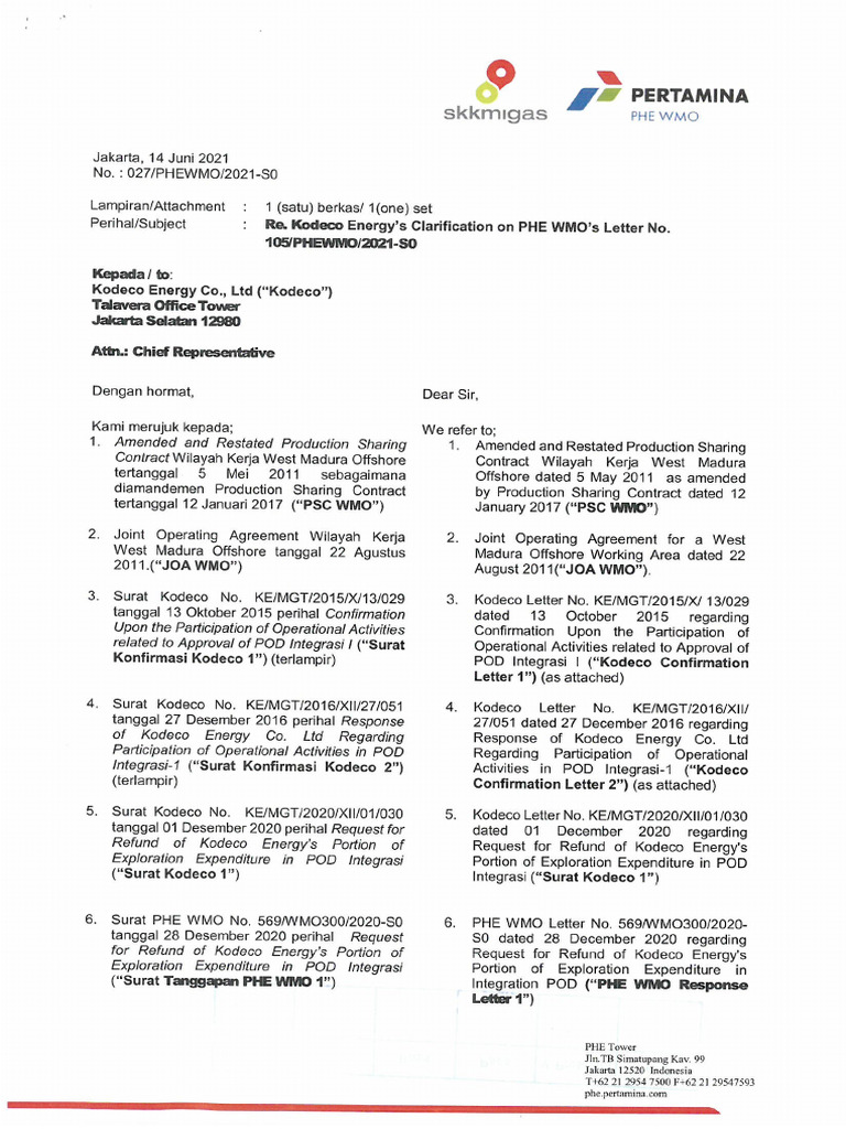 02. 027 PHEWMO 2021-S0 - Re Kodeco Energy's Clarification on PHEWMO's Letter No. 105 PHEWMO 2021 ...