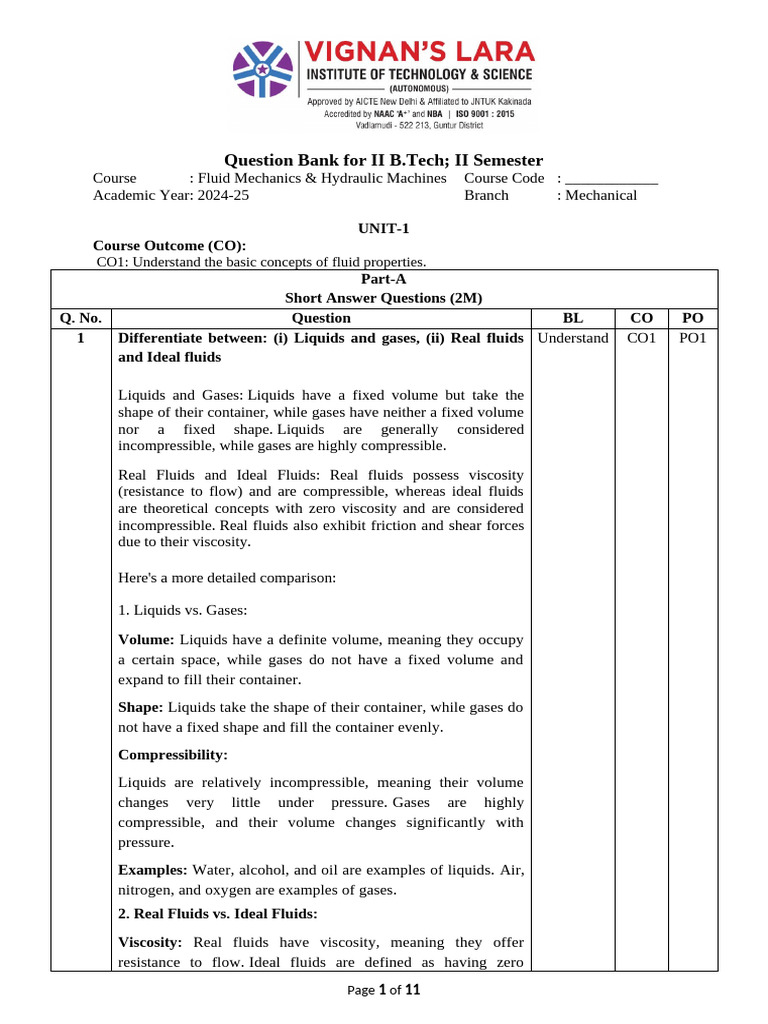 FMHM - Unit I - 2 Marks Questions and Answers | PDF | Buoyancy | Pressure Measurement