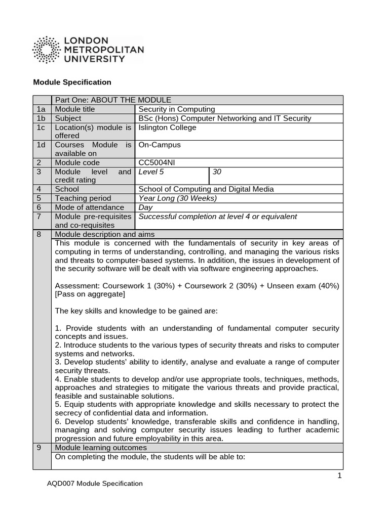 CC5004NI - Security in Computing | PDF | Computer Security | Security