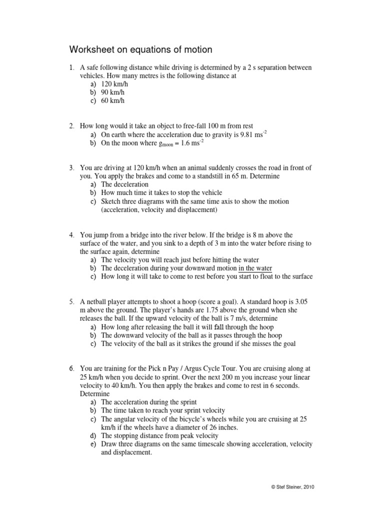 Equations of Motion Worksheet | PDF | Acceleration | Physical Phenomena