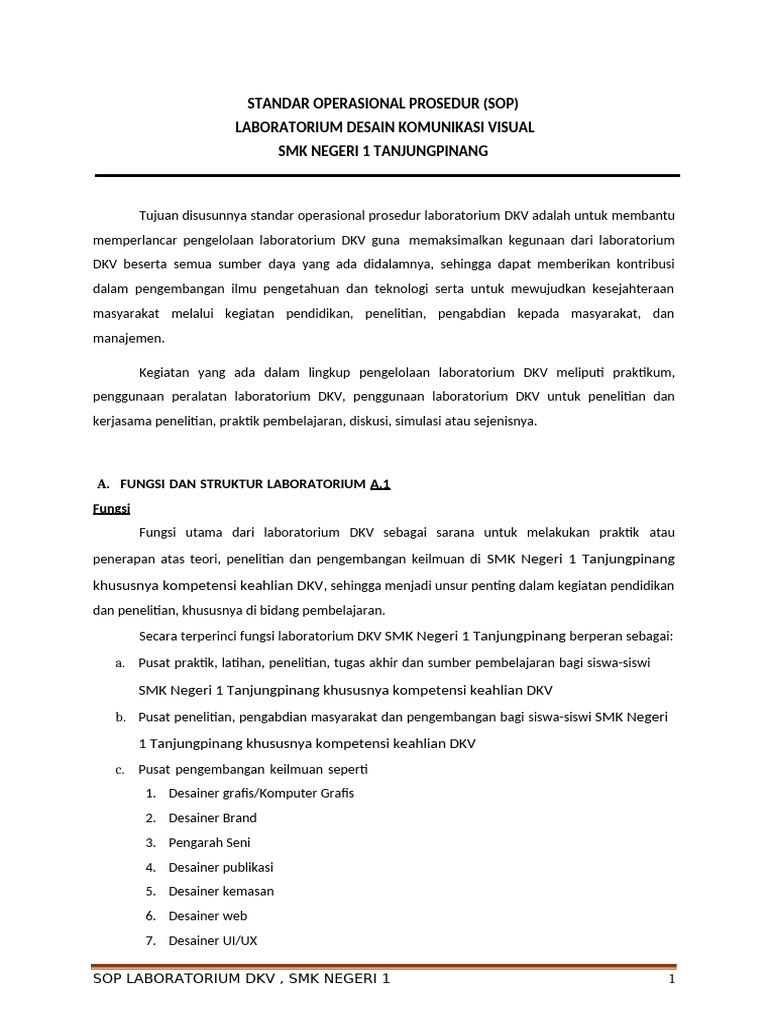 Standar Operasional Prosedur Laboratorium DKV | PDF