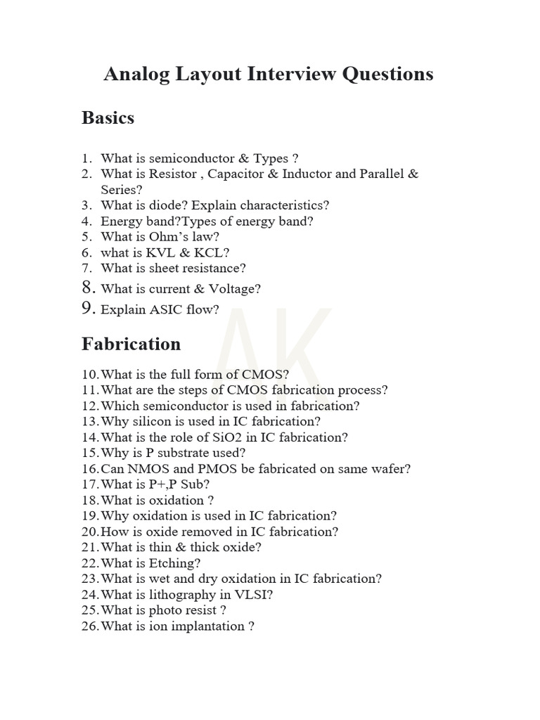 Analog Layout Interview Questions 1703046957 | PDF | Semiconductor Device Fabrication | Mosfet
