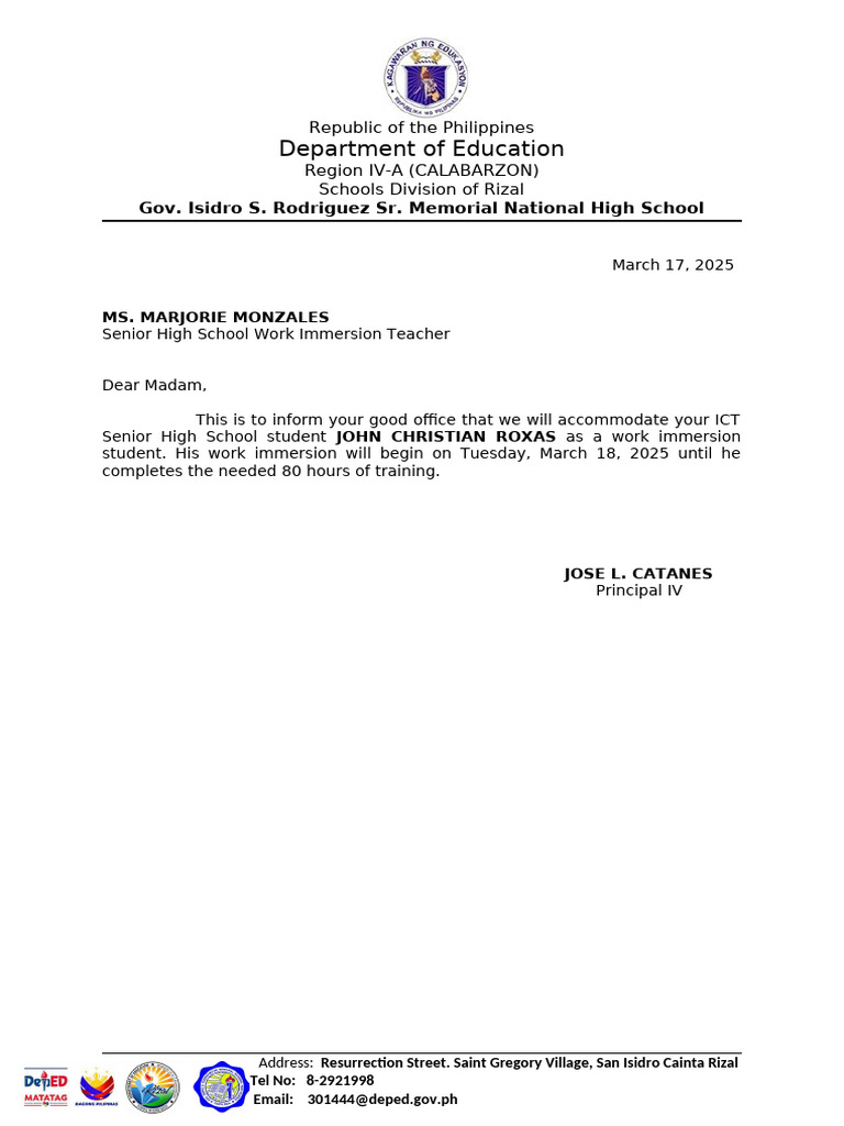 Work Immersion Acceptance | PDF
