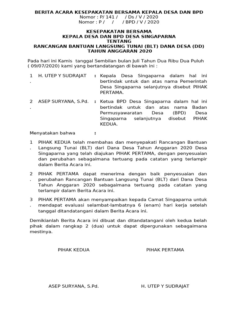 Berita Acara Kesepakatan Bersama Kepala Desa Dan BPD BLT DD | PDF