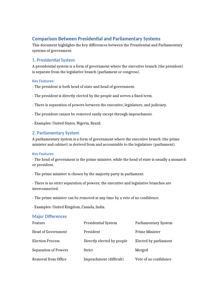 Presidential Vs Parliamentary System | PDF