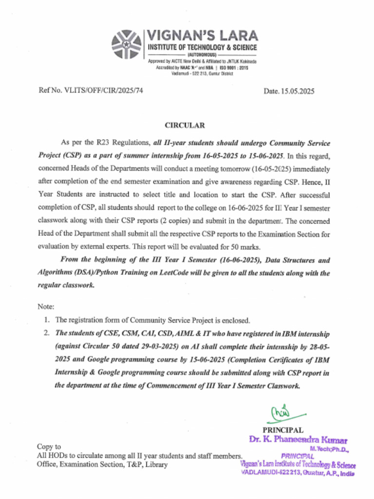 II Year CSP Project Circular | PDF