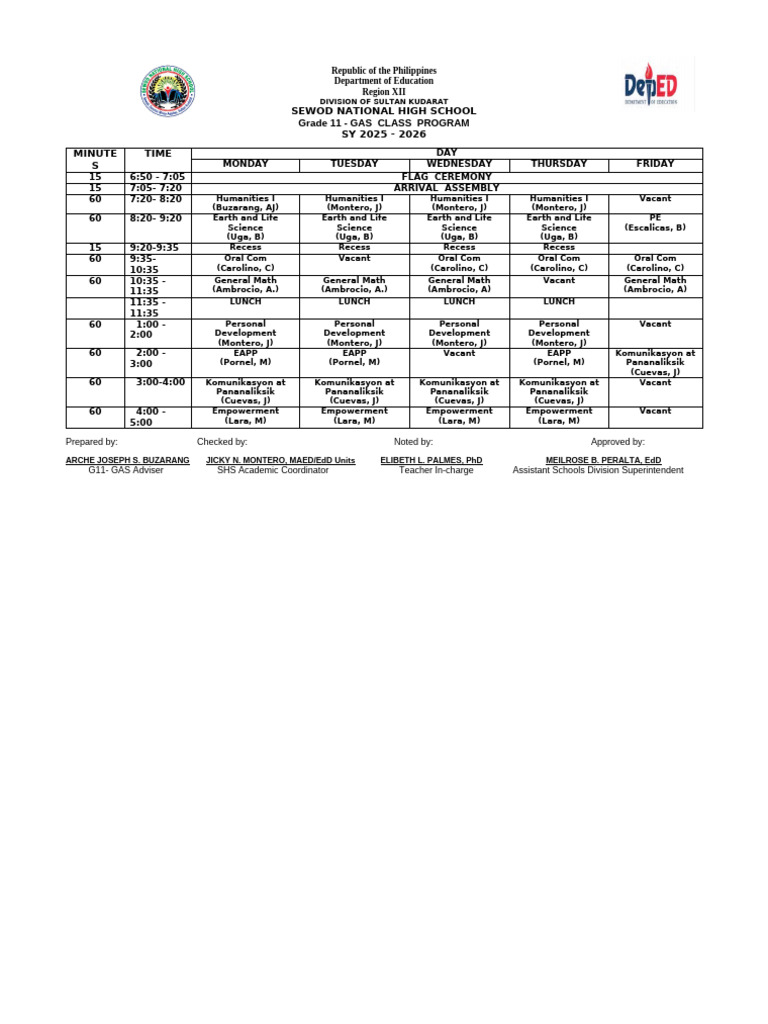 Grade 11 GAS Class Schedule 2025-2026 | PDF