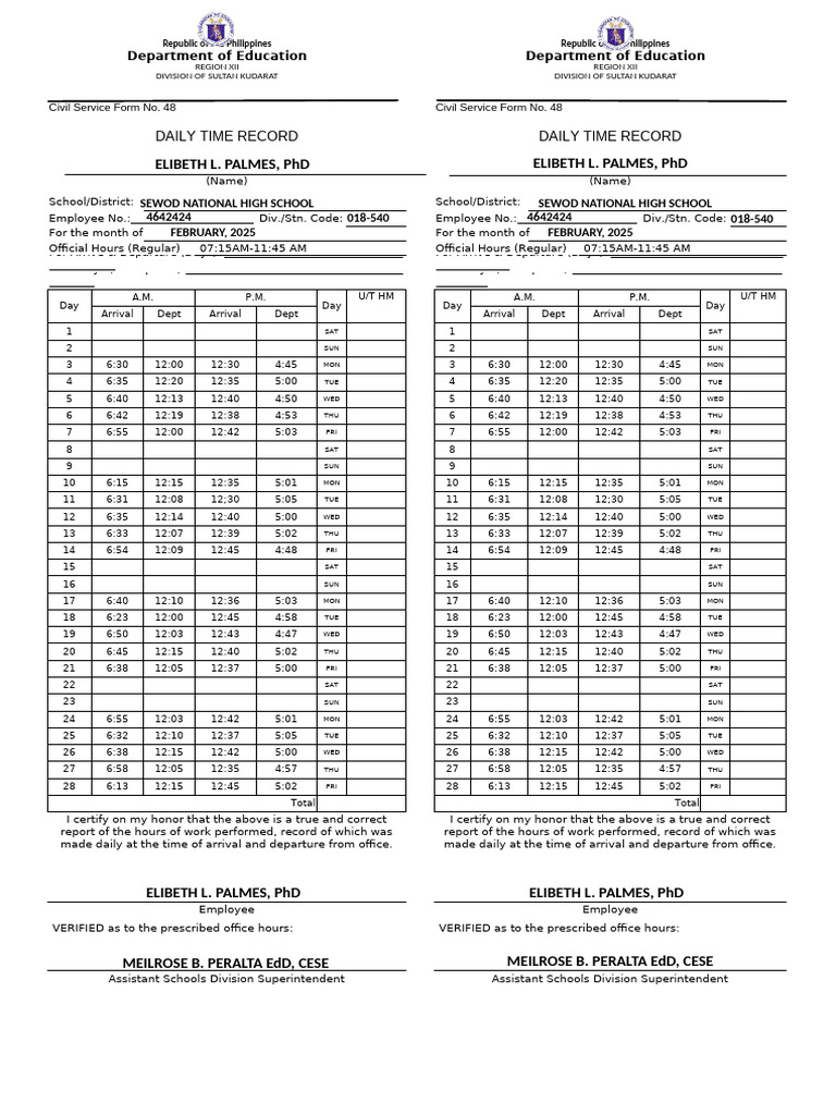 CSC Form 48 DTR February Hs | PDF