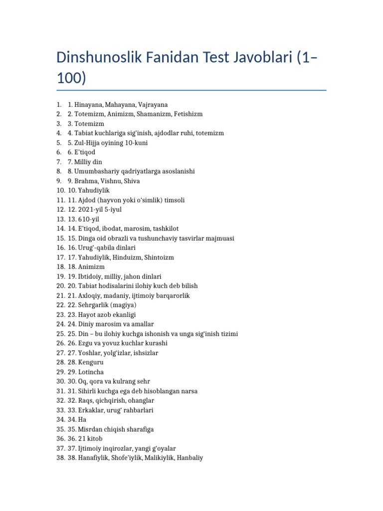 Dinshunoslik 1 100 Javoblar | PDF