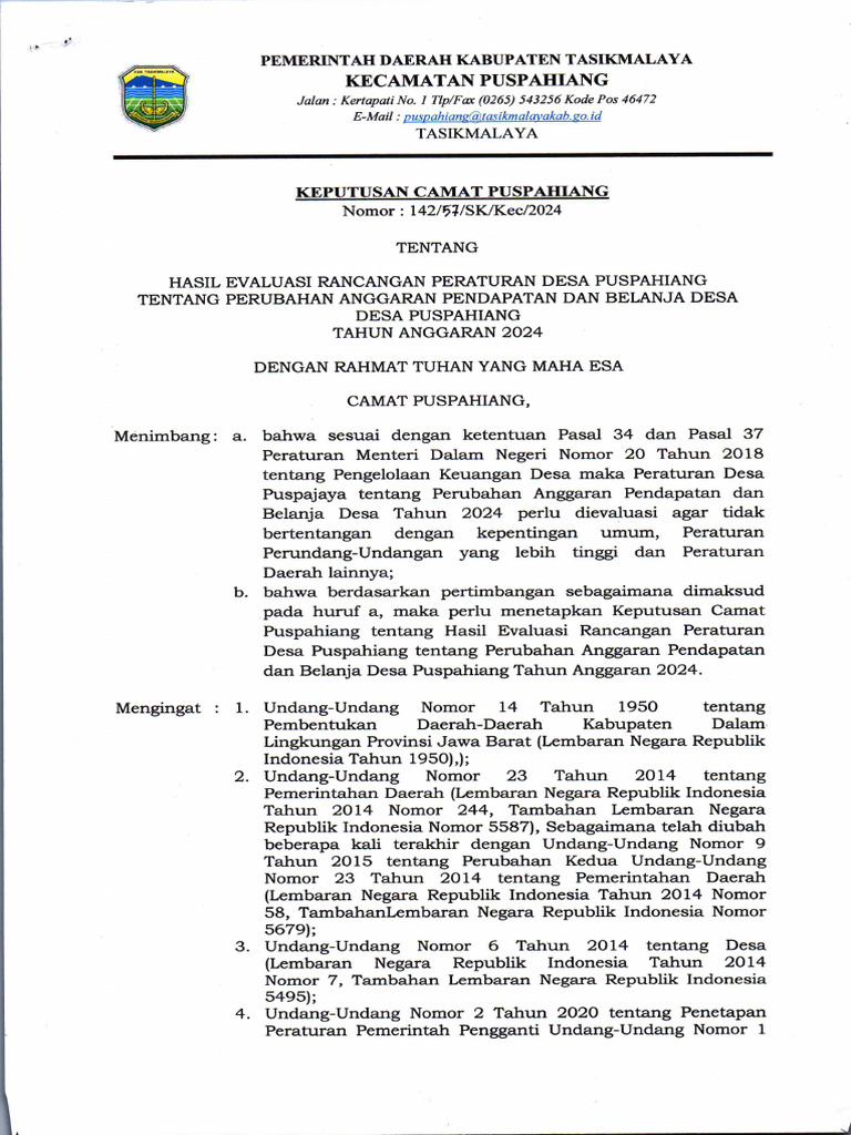 SK Camat Hasil Evaluasi Rancangan Apbdes Perubahan - Desa Puspahiang | PDF