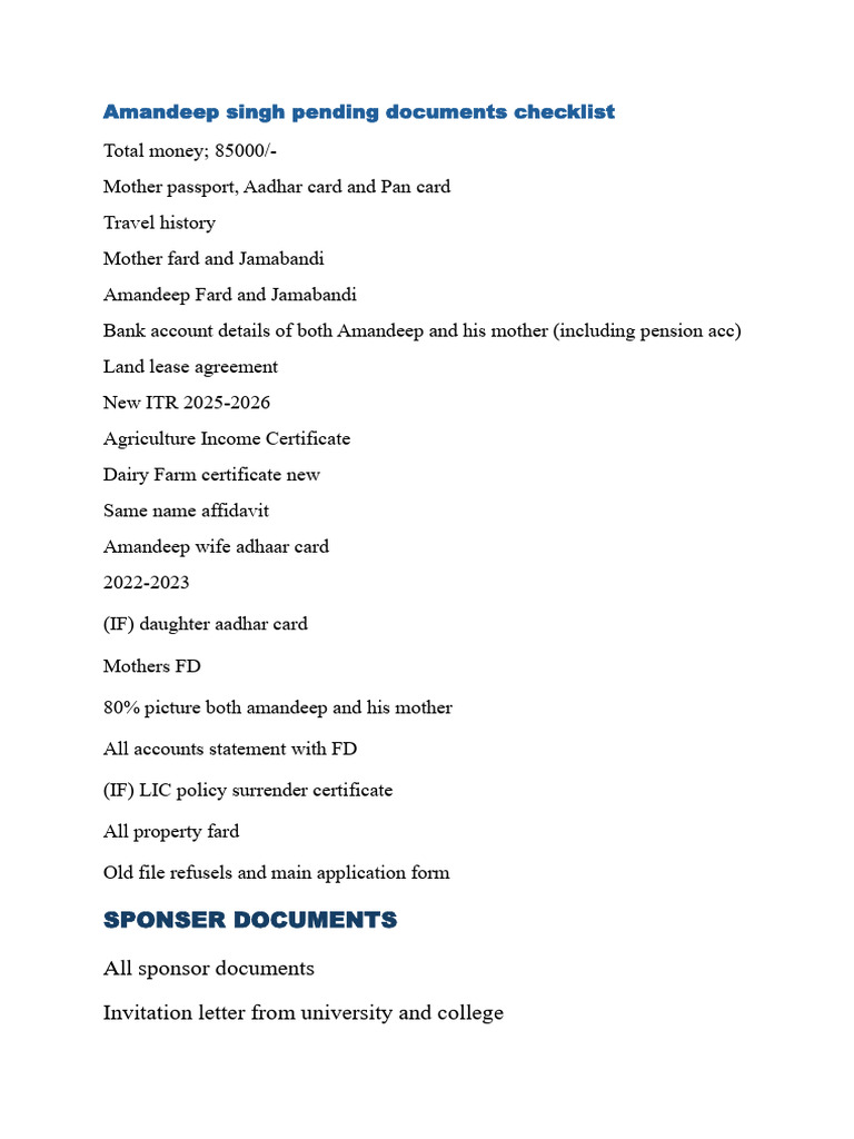 Amandeep Singh Pending Documents Checklist | PDF