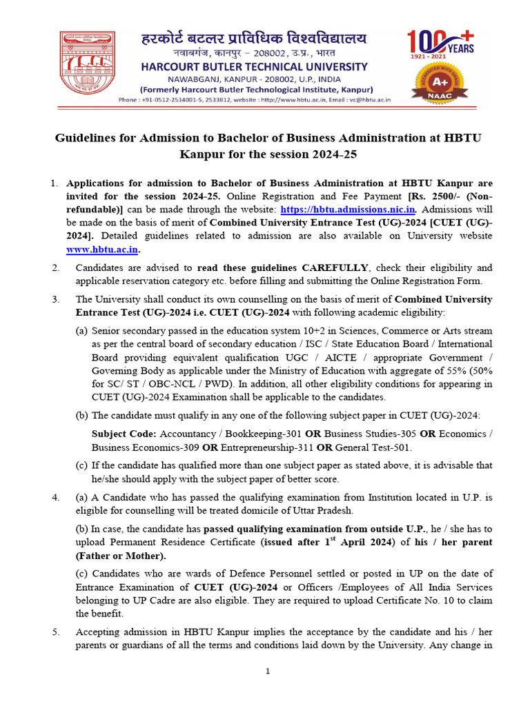 HBTU BBA Admission Guidelines 2024-25 | PDF | University And College ...