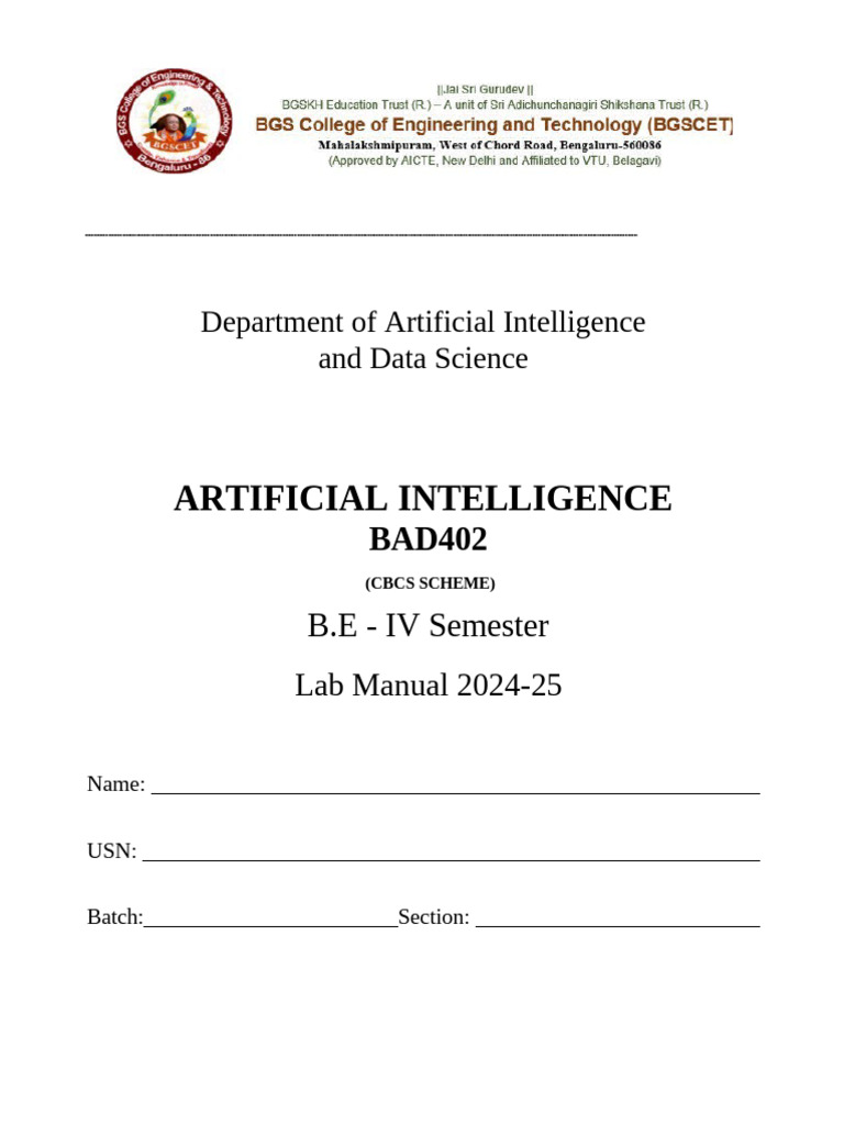 BAD402 Artificial Intelligence LAB MANUAL | PDF | Applied Mathematics | Theoretical Computer Science