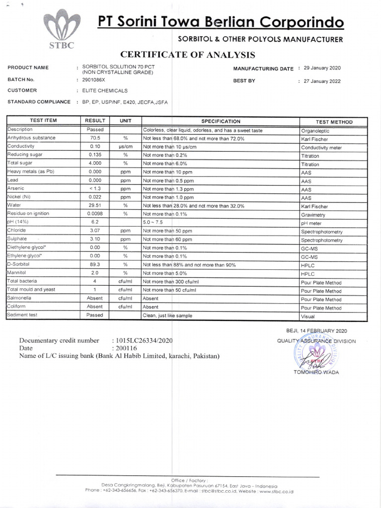 Certificate of Analysis for Sorbitol 70% | PDF | Materials | Chemistry