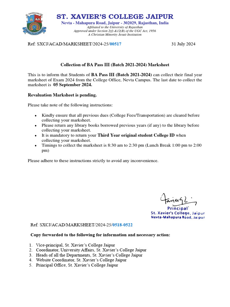 Notice Regarding Collection of BA Pass Course III 2021 24 Marksheet | PDF
