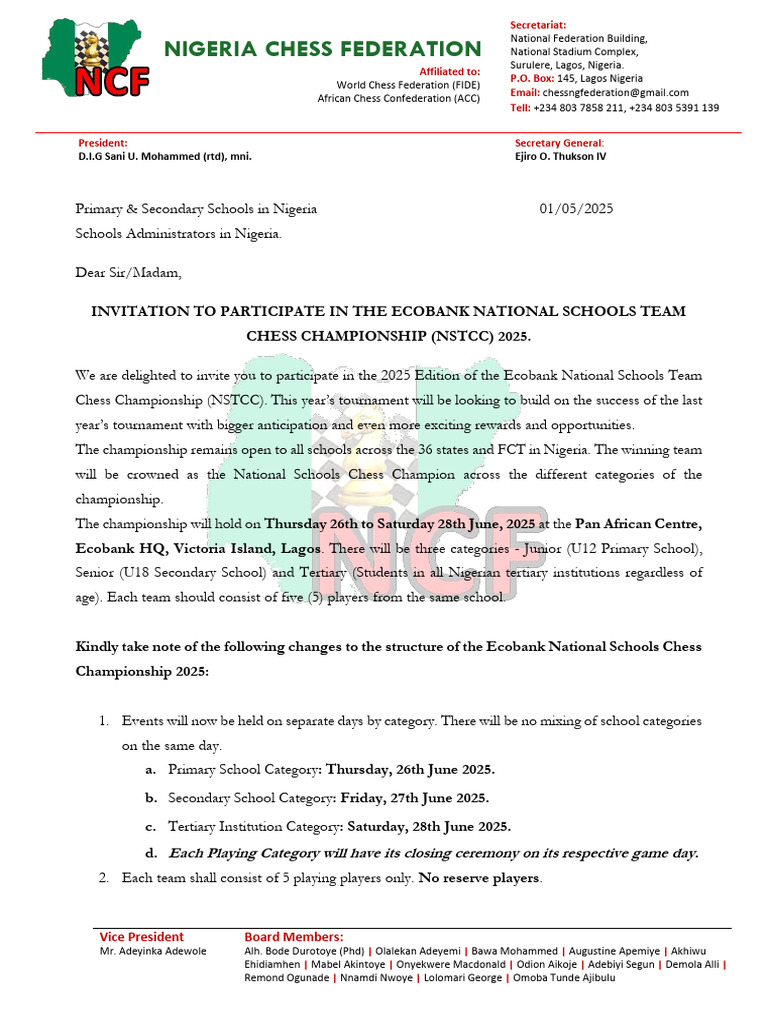 Notice Letter To Schools NSTCC 2025 New | PDF | Sports | Chess