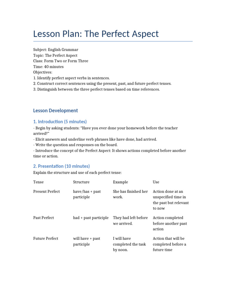 Perfect Aspect Lesson Plan | PDF