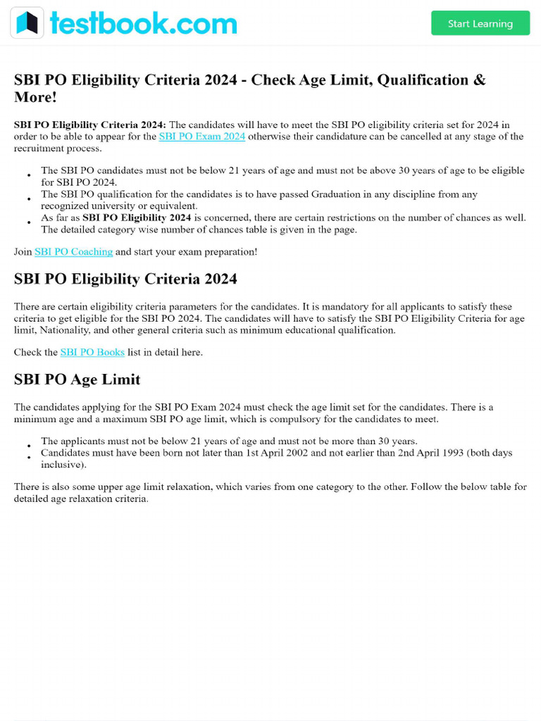 SBI PO Eligibility Criteria 2024 - Check Age Limit, Qualification & More! | PDF