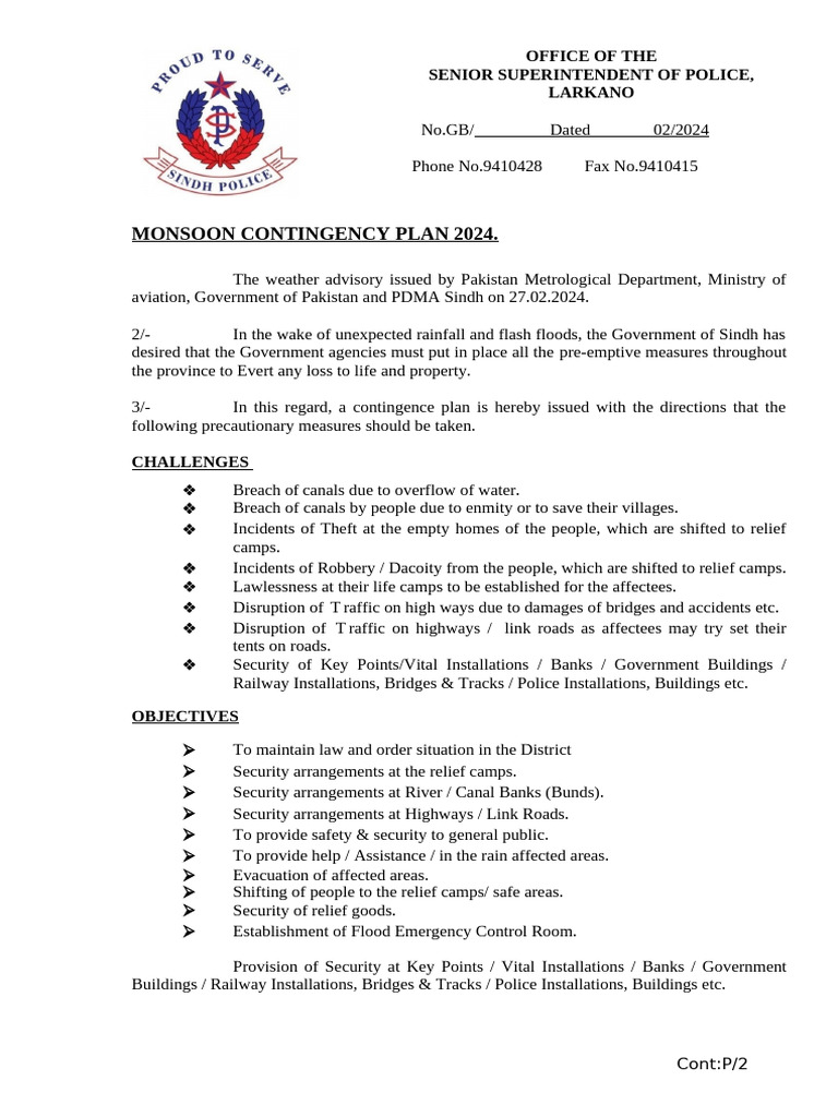 Monsoon Contingency Plan 2024 | PDF | Legal Action | Emergency Services