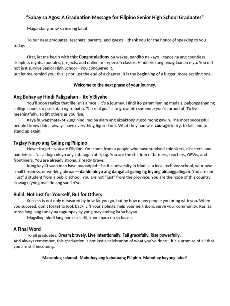 Graduation Message for Filipino Seniors | PDF | Philippines