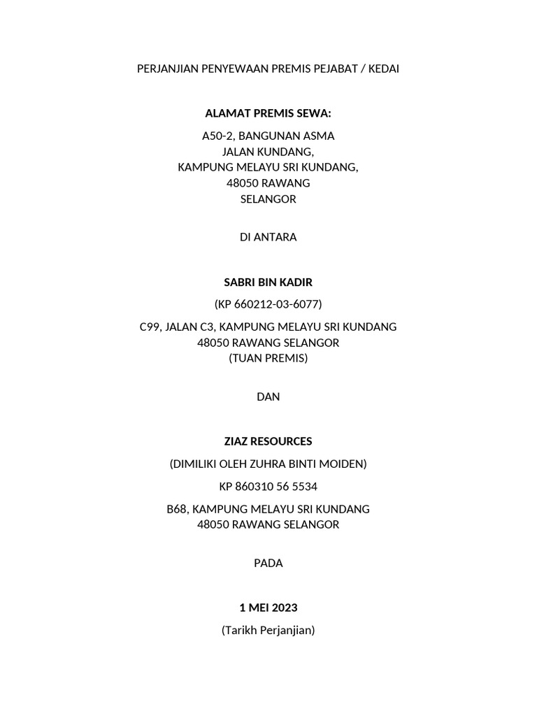 Perjanjian Penyewaan Premis Pejabat | PDF