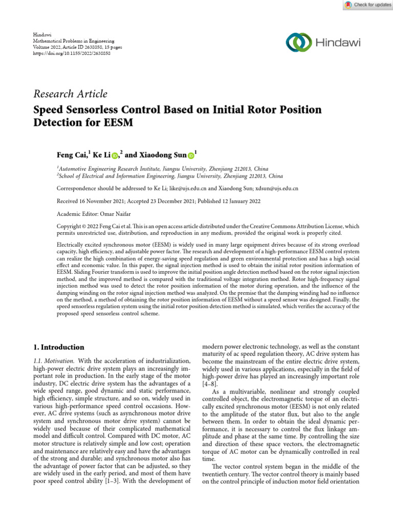 Mathematical Problems in Engineering - 2022 - Cai - Speed Sensorless Control Based On Initial ...
