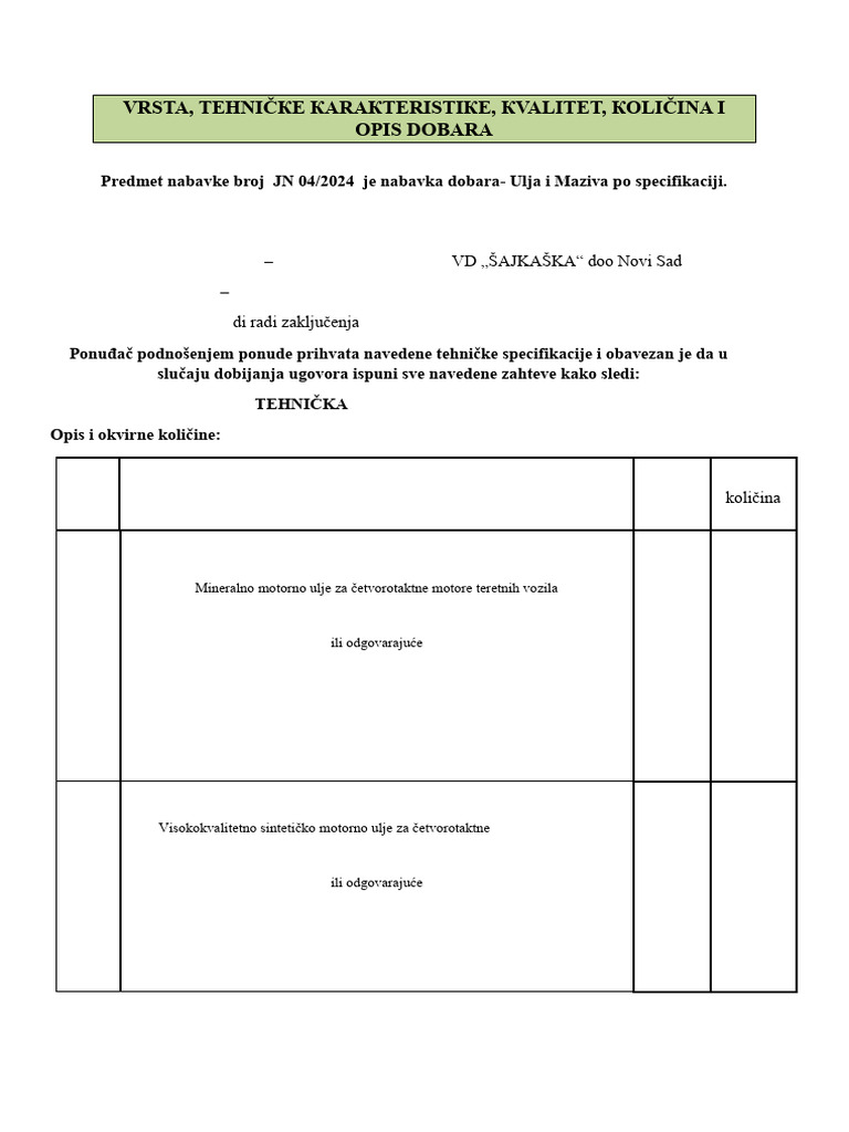 Tehnicka Specifikacija Ulja Sajkaska | PDF