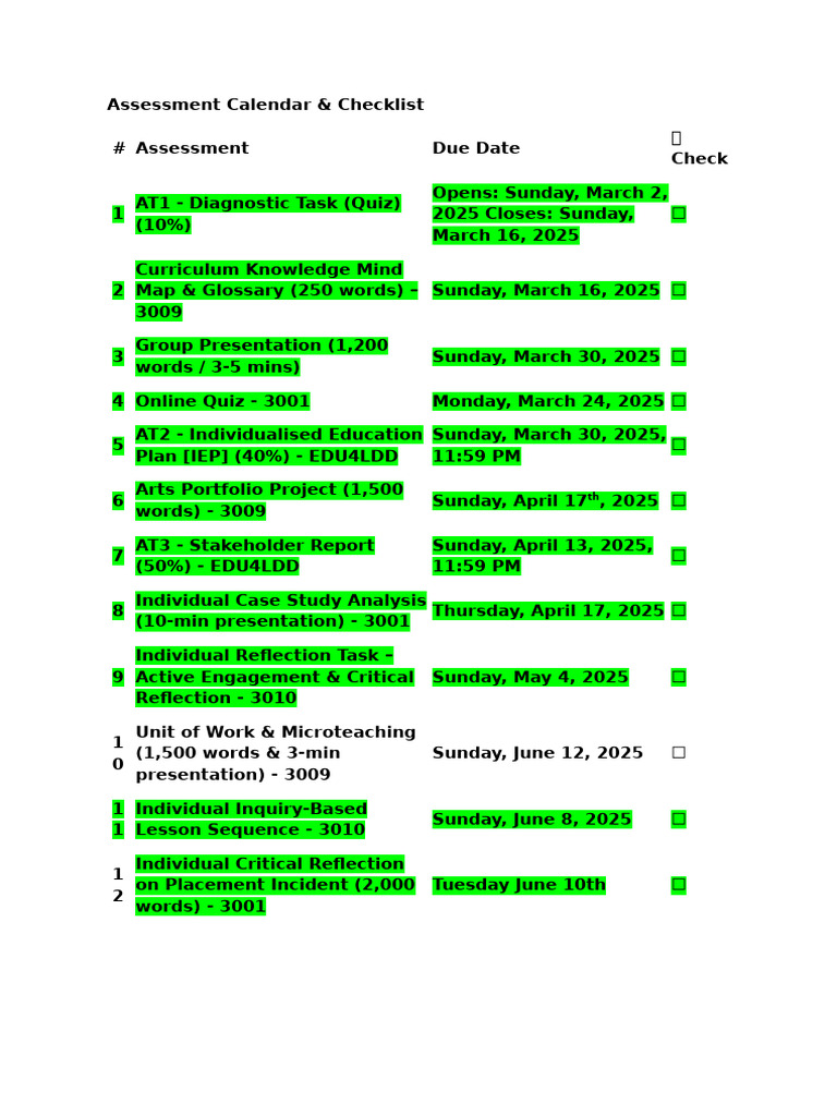 Assessment Calendar | PDF