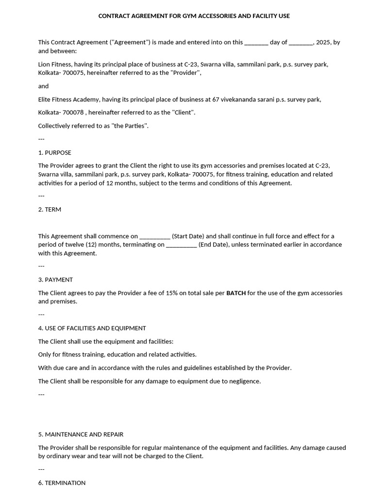 Contract Agreement For Gym Accessories and Facility Use | PDF ...