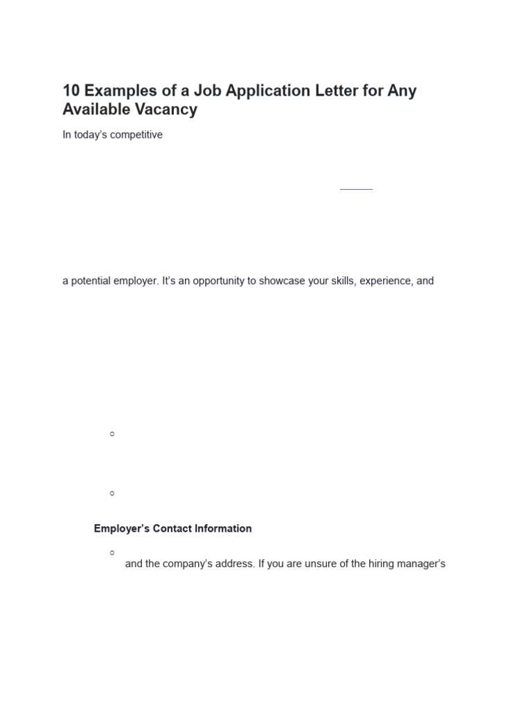 10 Examples of A Job Application Letter For Any Available Vacancy | PDF ...