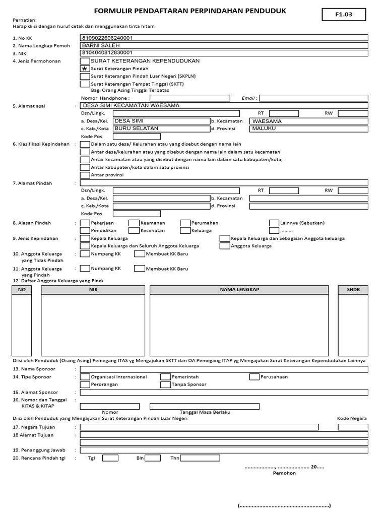 f1.03 Formulir Pendaftaran Perpindahan Penduduk | PDF