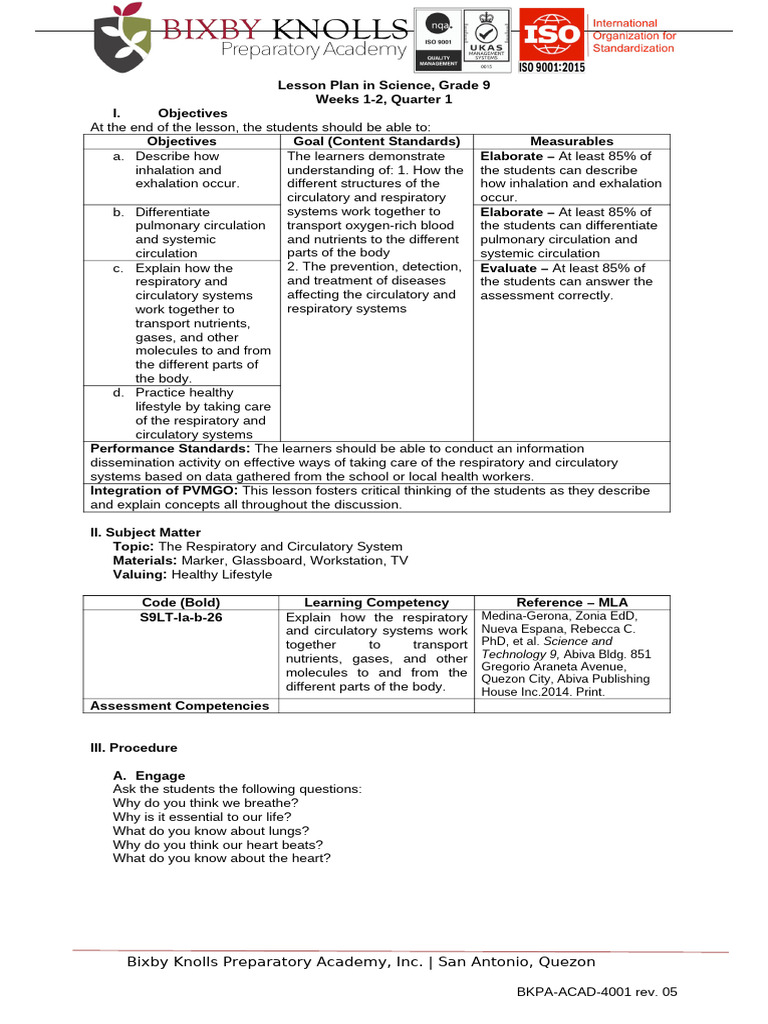 SCI9 Q1 W1 2 L1 The Respiratory and The Circulatory Systems | PDF | Circulatory System ...