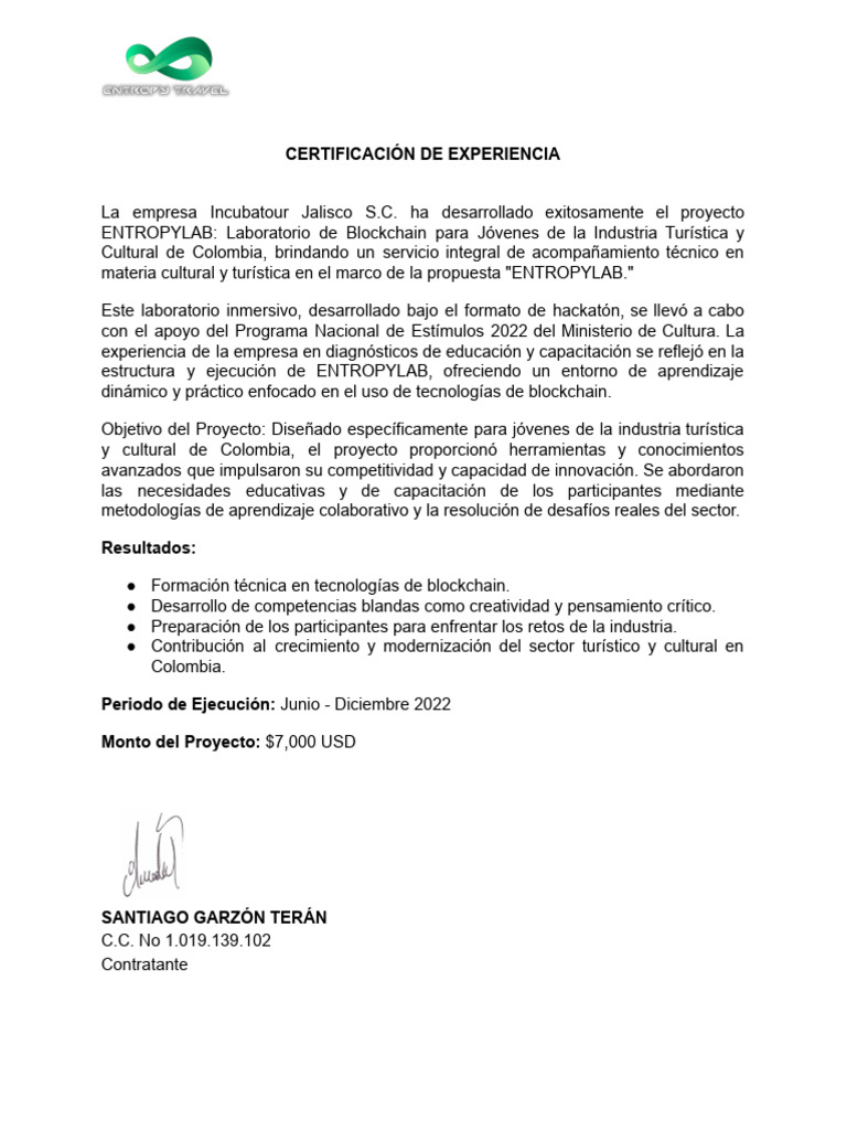 Certificado Incubatour Jalisco S.C. Entropy | PDF