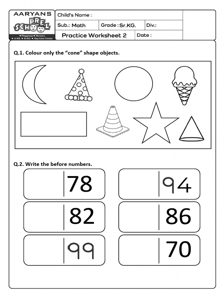 MID 3 Sr. KG. Math Practice Worksheet 2 | PDF