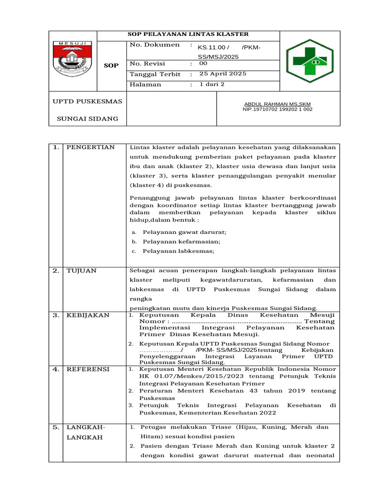 Sop Pelayanan Lintas Klaster | PDF