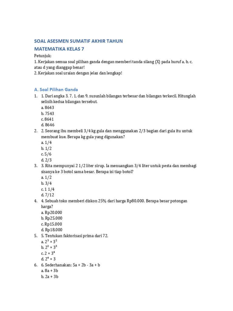 Soal ASAT Matematika Kelas 7 | PDF