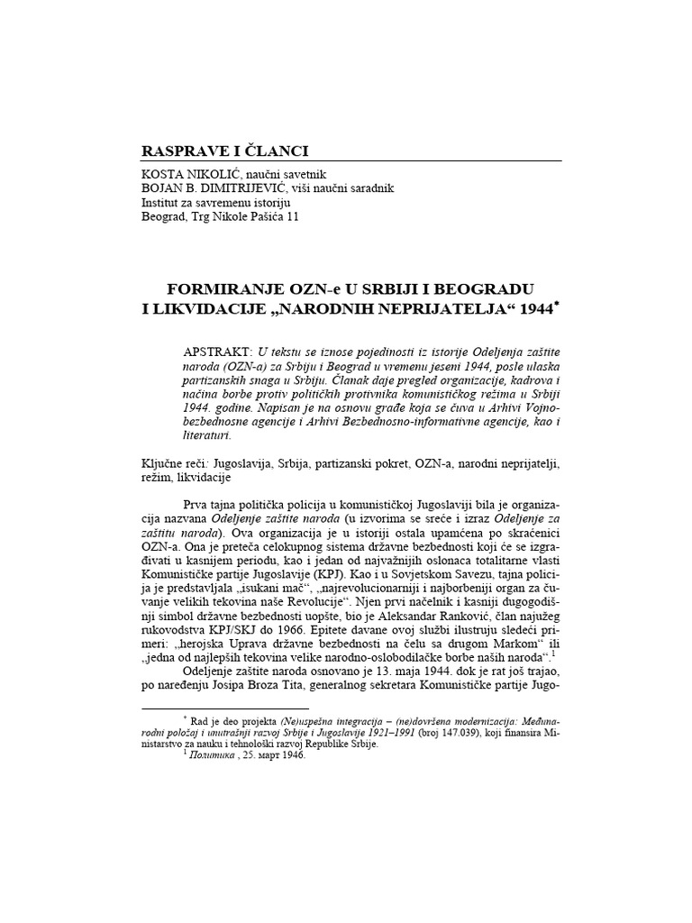 Formiranje Ozn e U Srbiji I Beogradu I L | PDF