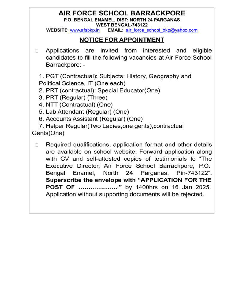 Barrackpore Airforce School Teacher Recruitment | PDF | Special Education | Academic Degree
