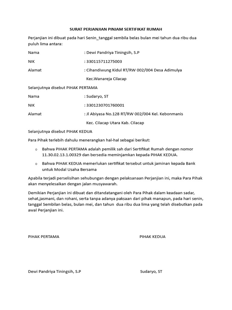 Surat Perjanjian Pinjam Sertifikat Rumah | PDF