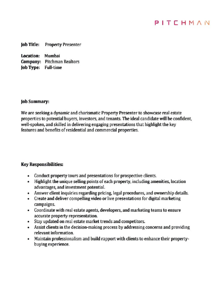 Job Description - Real Estate Influencer - Pitchman Realtors | PDF