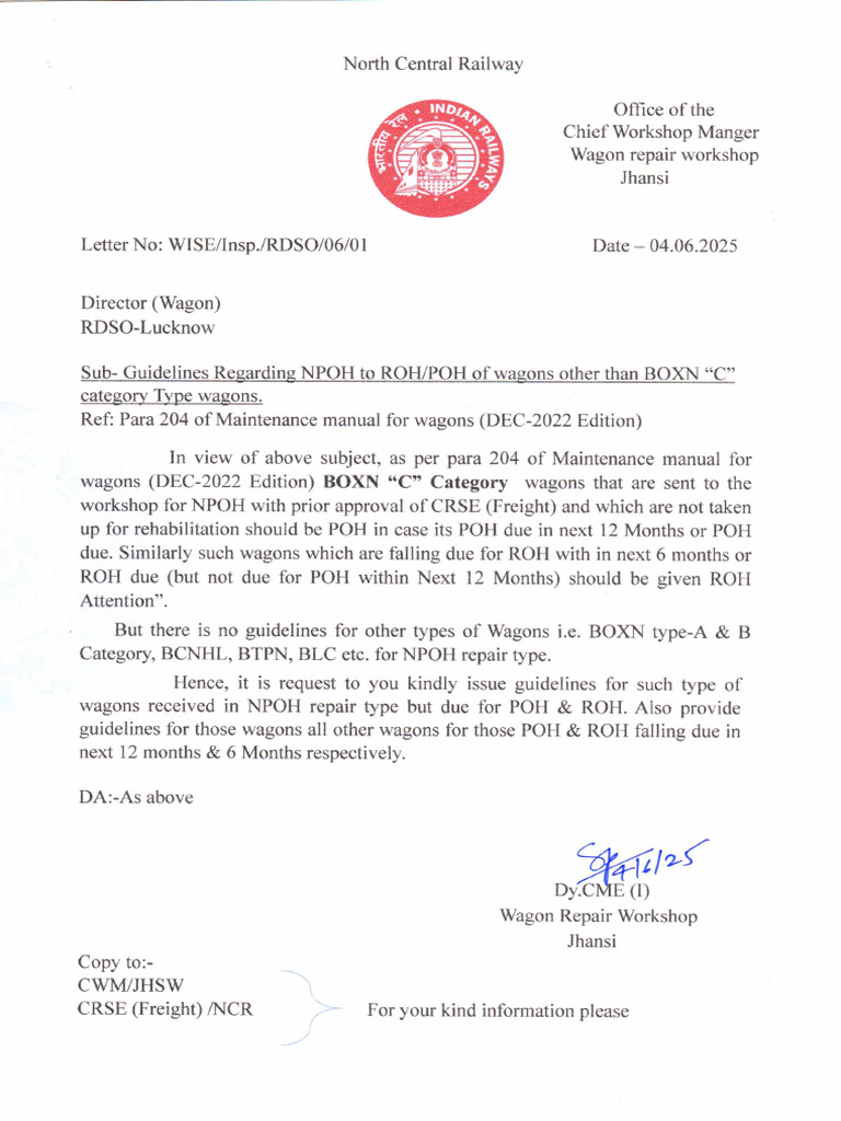 Rdso Letter For Npoh Wagons | PDF